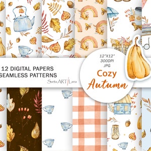 Watercolor Fall Digital Papers | Cozy Autumn Leaves Plaid Pumpkins ...