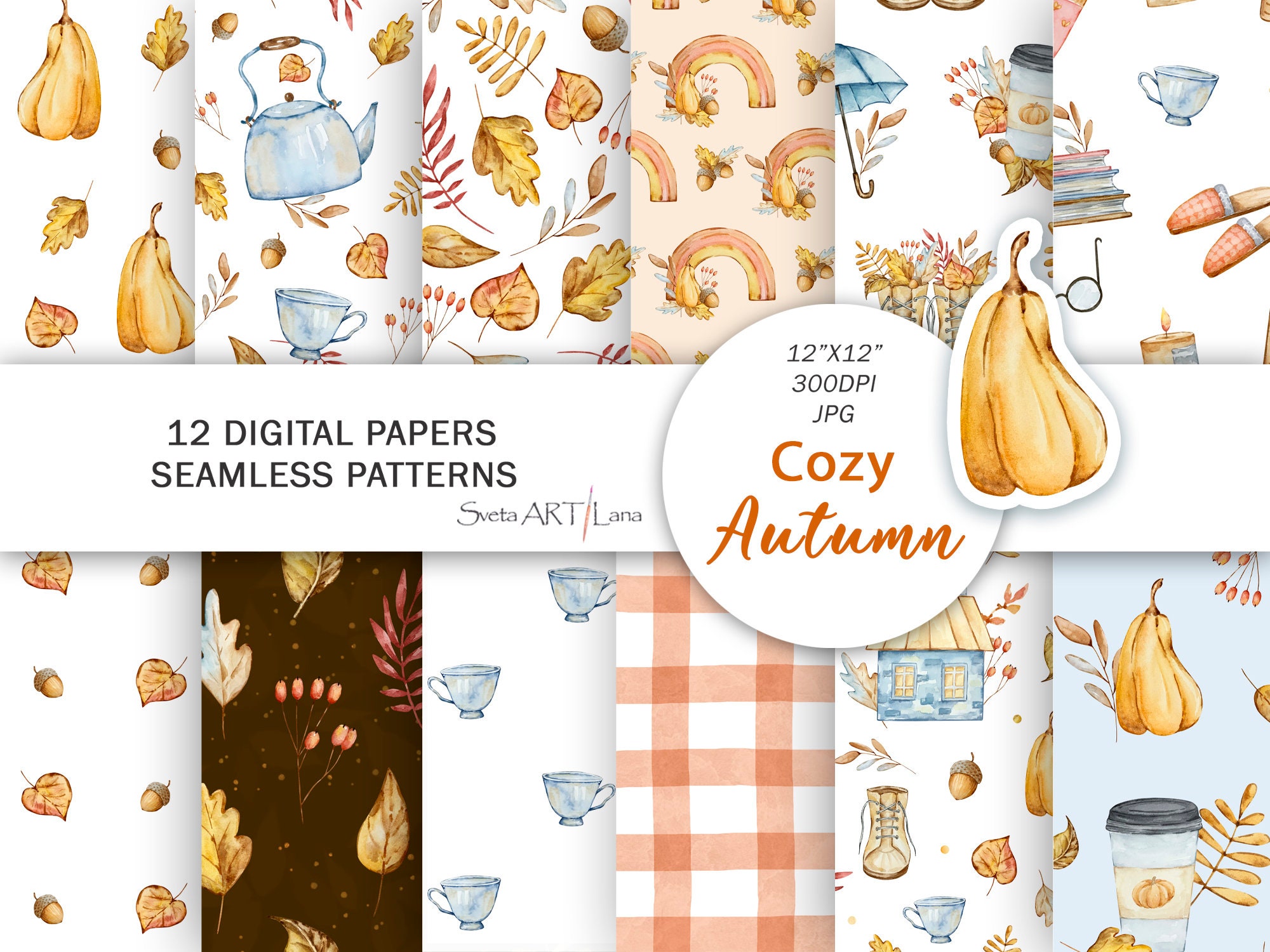Watercolor Fall Digital Papers Cozy Autumn Leaves Plaid - Etsy