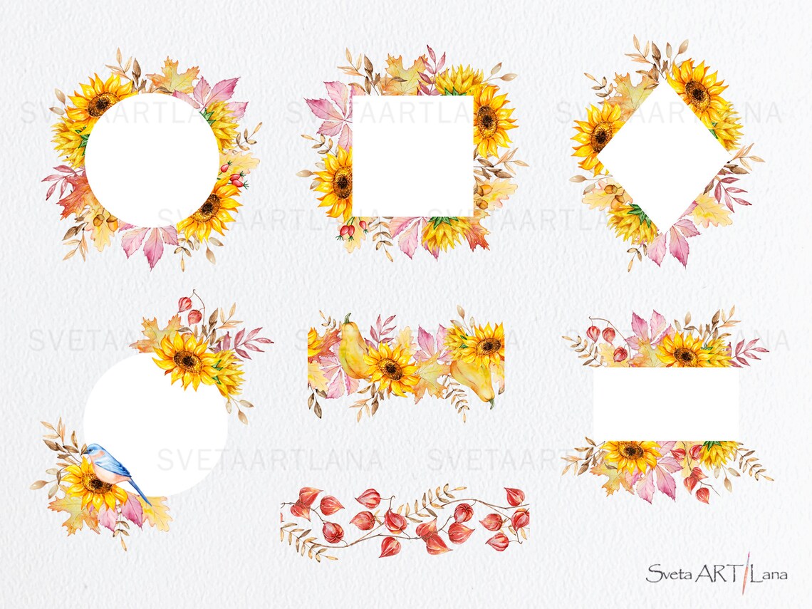 Sunflower Gold Frame Autumn Clipart Fall Pumpkin Watercolor - Etsy