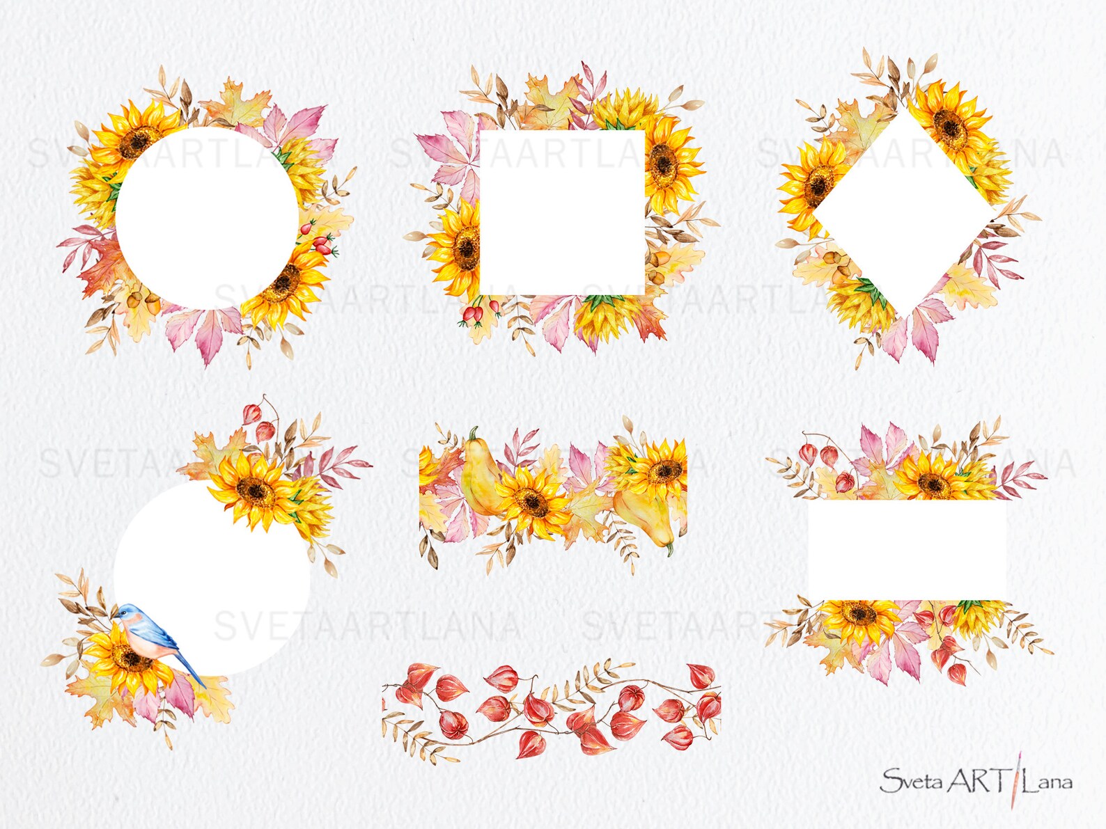 Sunflower Gold Frame Autumn Clipart Fall Pumpkin Watercolor - Etsy