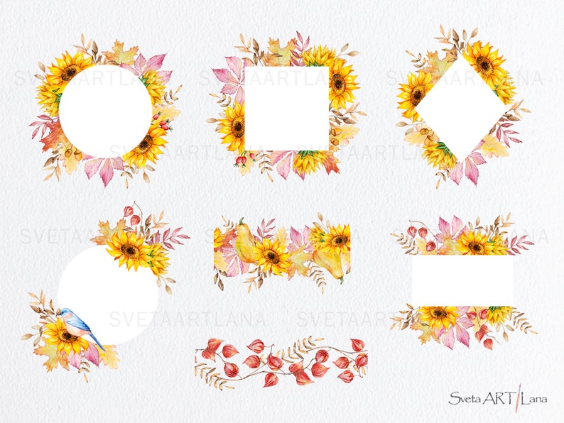 Sunflower Gold Frame Autumn Clipart Fall Pumpkin Watercolor - Etsy