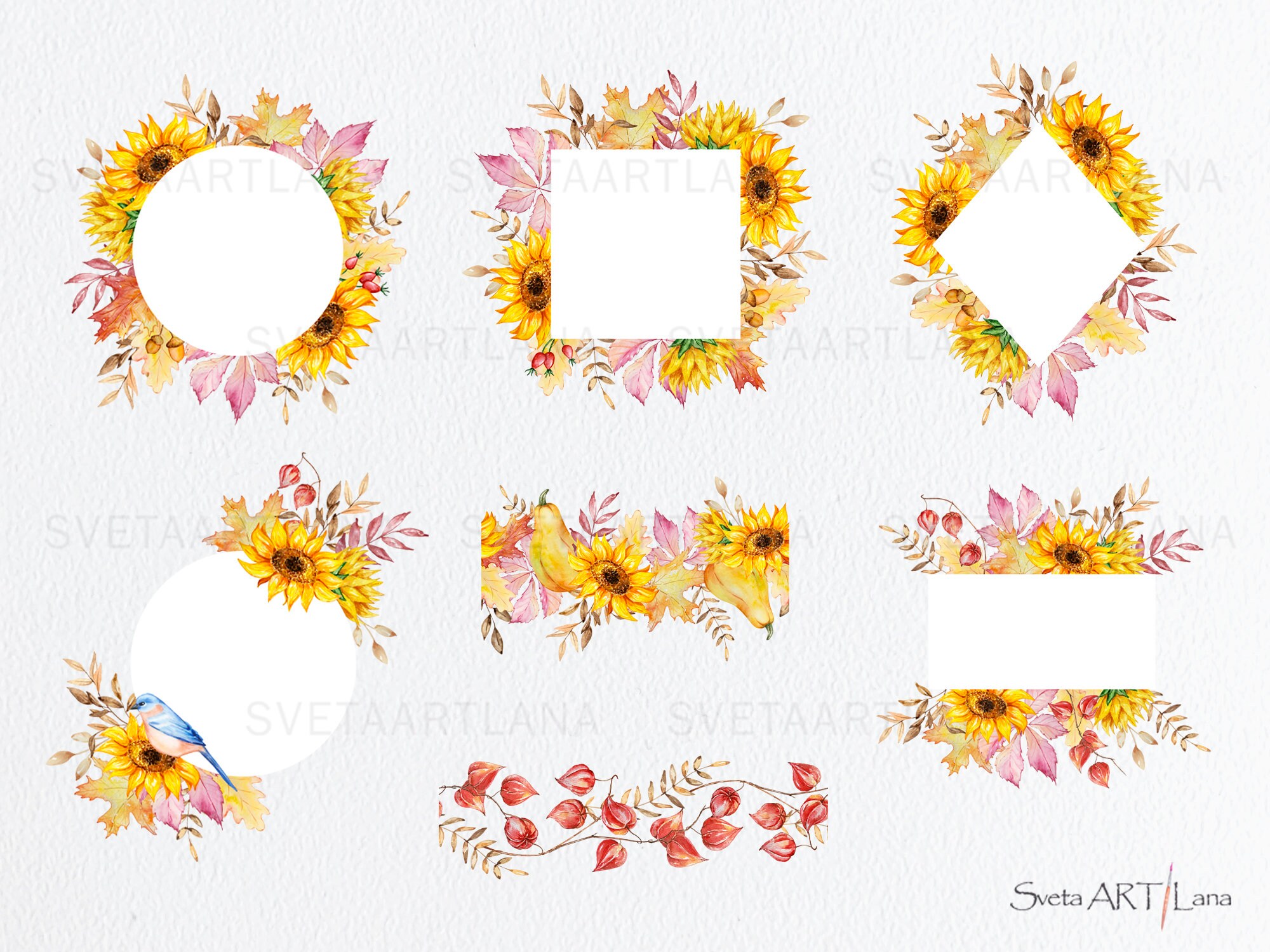 Sunflower Gold Frame Autumn Clipart Fall Pumpkin Watercolor - Etsy