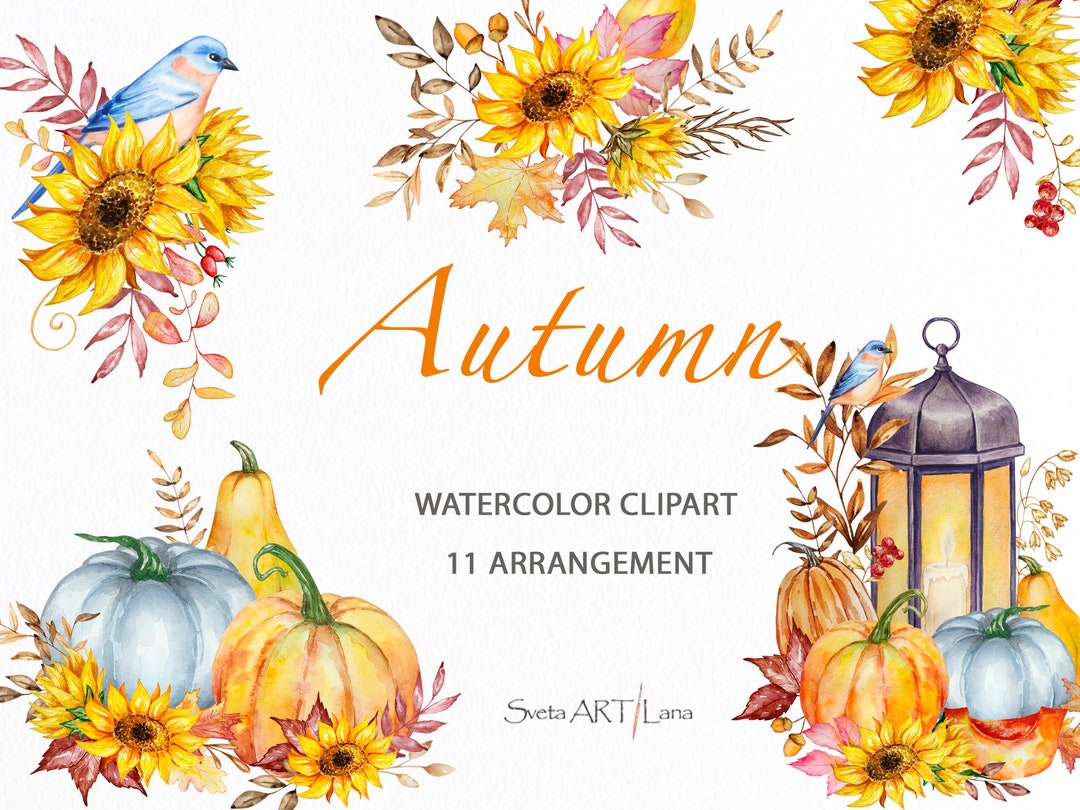 Autumn Watercolor Clipart | Fall Clipart | Orange Pumpkins | Autumn ...