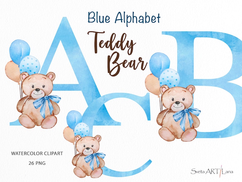 Teddy Bear Blue Alphabet Clipart | Watercolor Cute Bear Alphabet PNG ...