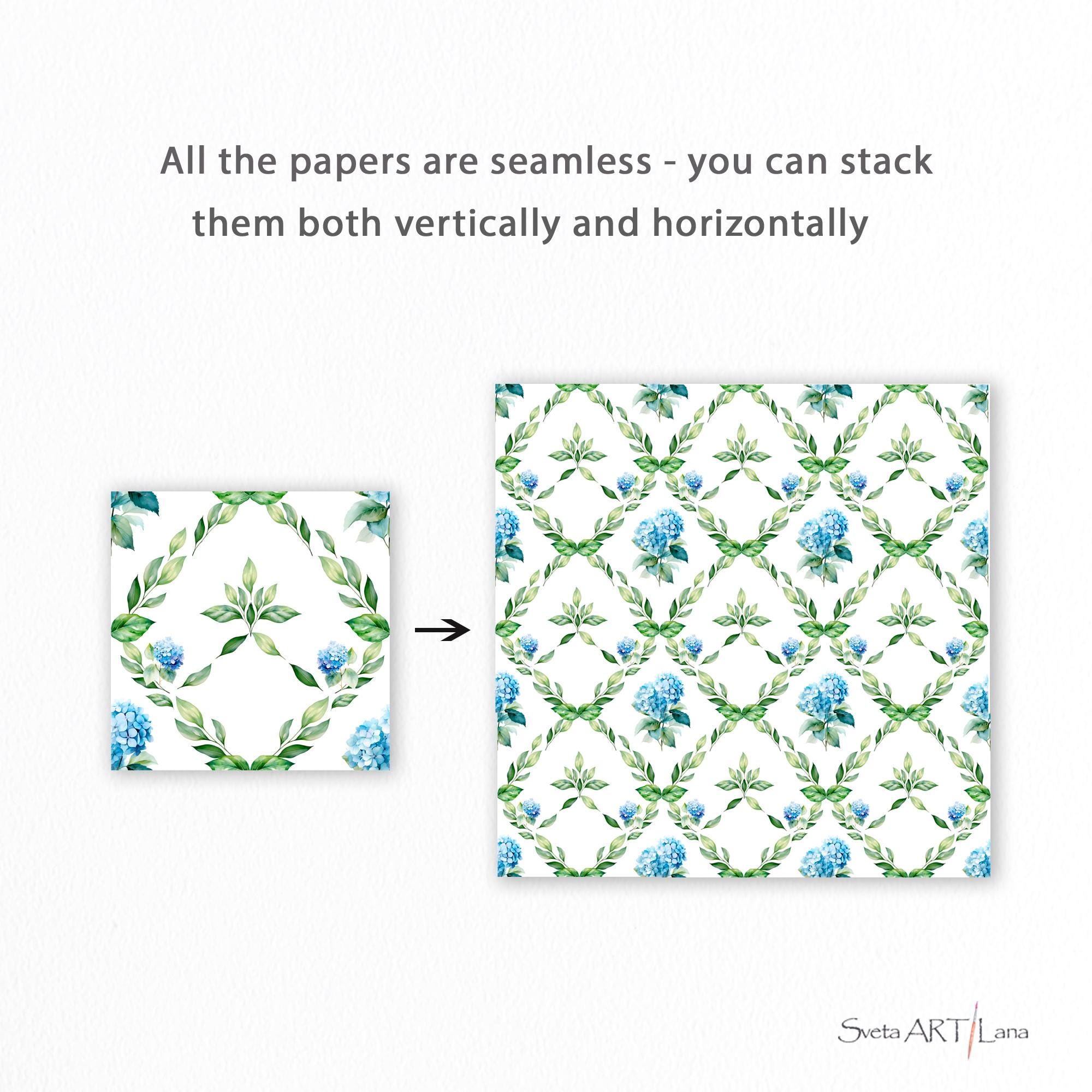 Blue Hydrangea Digital Papers | Watercolor Flowers Seamless Patterns ...