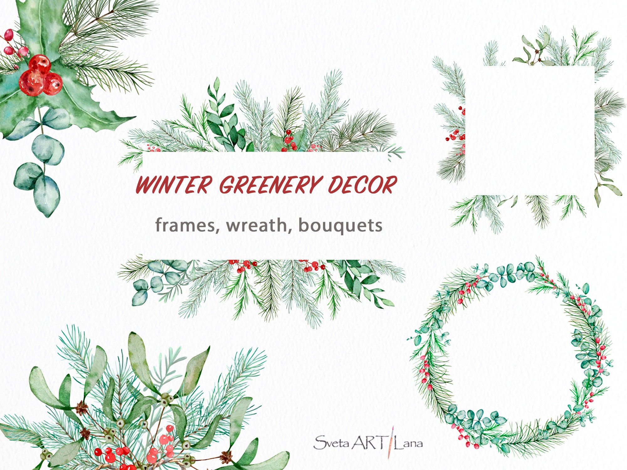Watercolor Christmas Greenery Frames Clipart Christmas - Etsy