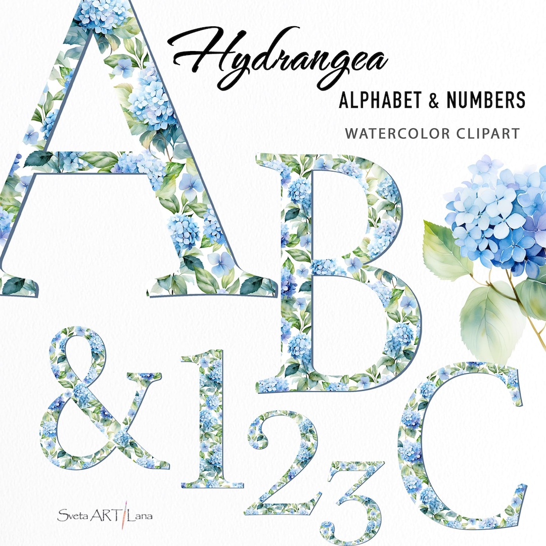 Watercolor Hydrangea Alphabet Clipart | Blue Letters | Floral Alphabet ...