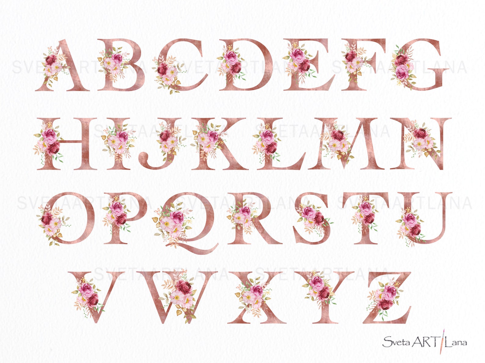 Watercolor Floral Alphabet Clipart Boho Letters Autumn Floral Alphabet ...