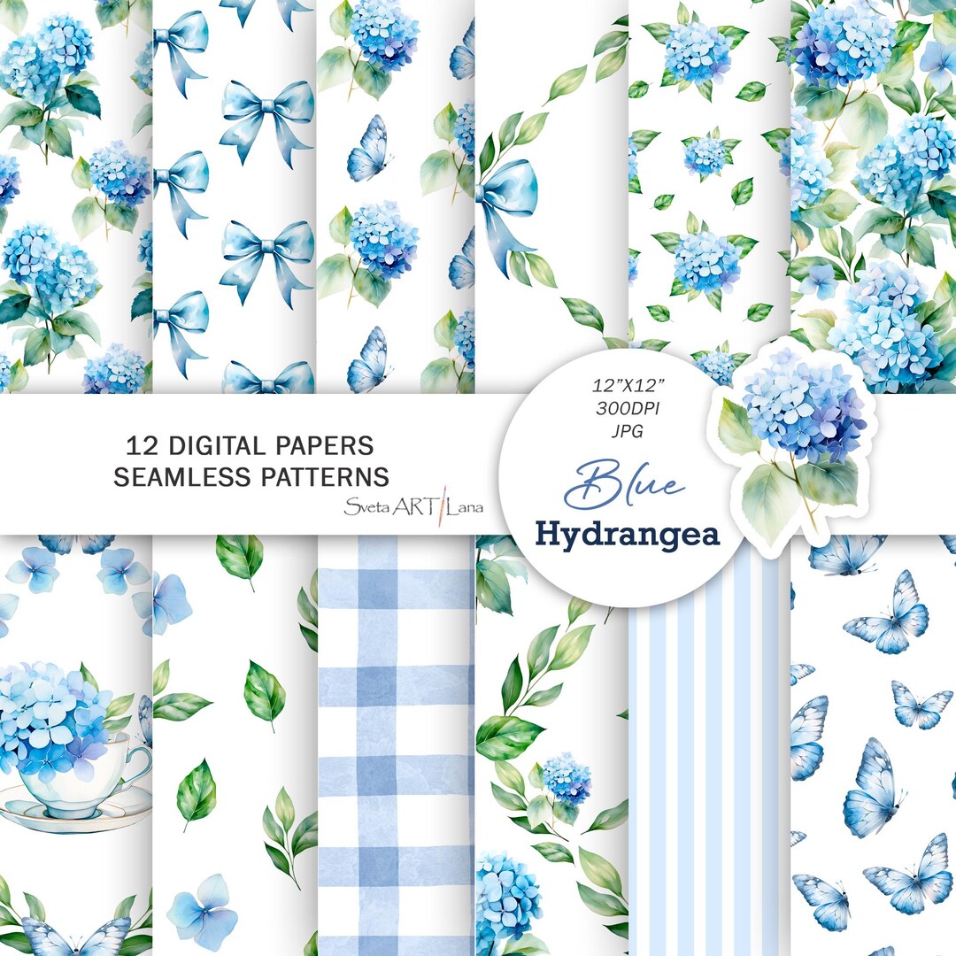 Blue Hydrangea Digital Papers | Watercolor Flowers Seamless Patterns ...