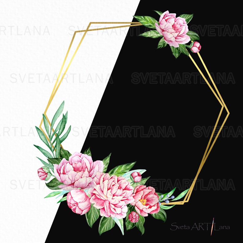 Gold Geometric Frames Watercolor Peony Flowers Clipart | Etsy