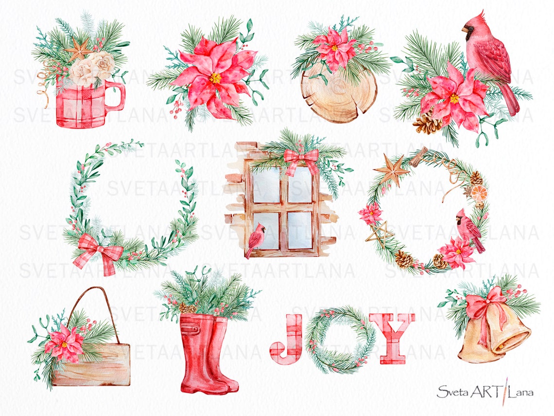 Watercolor Classic Christmas Clipart Cozy Christmas - Etsy