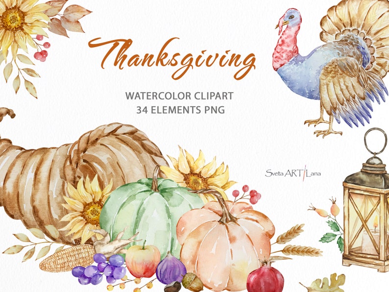 Watercolor Thanksgiving Clipart Holiday Turkey PNG Autumn - Etsy