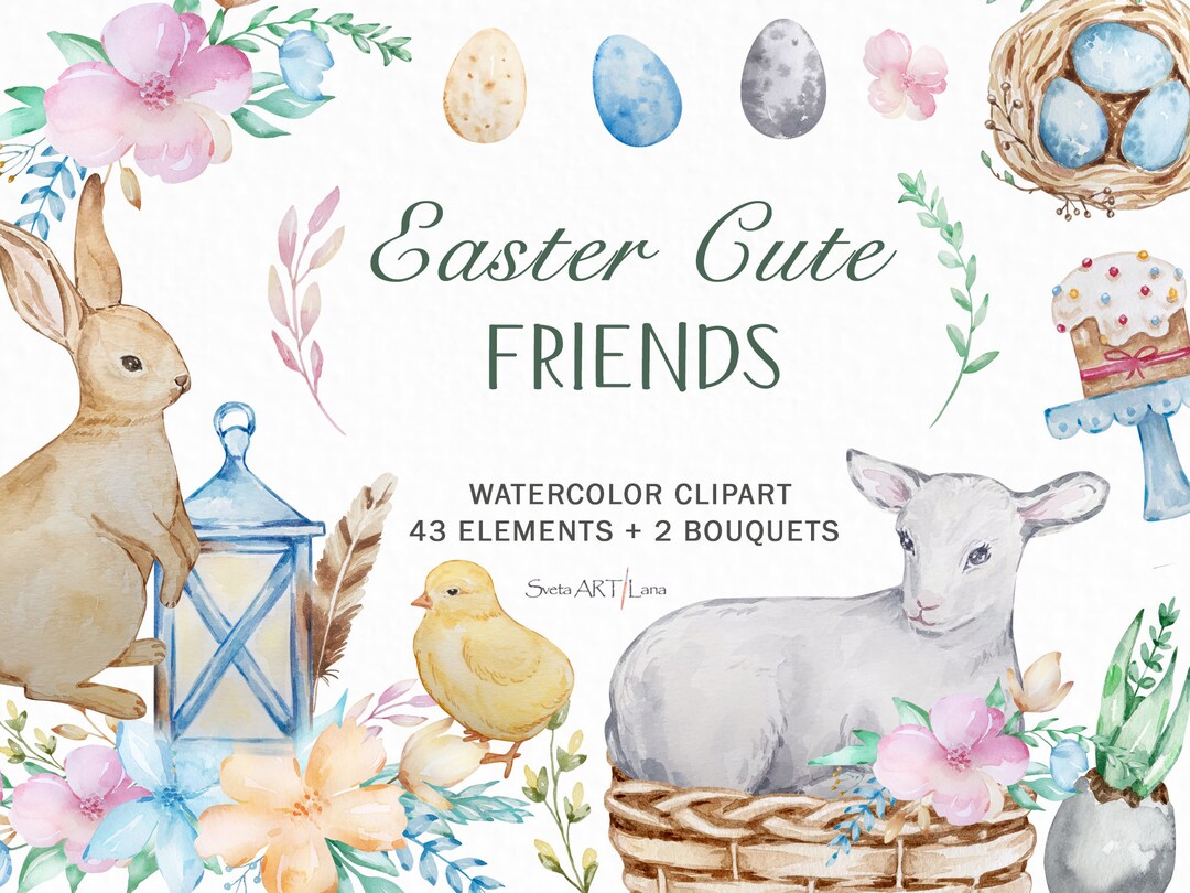 Watercolor Cute Easter Clipart | Farmhouse Clip Art | Easter Eggs ...
