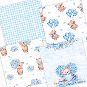 Teddy Bear Digital Papers | Watercolor Blue Teddy Bear Seamless ...