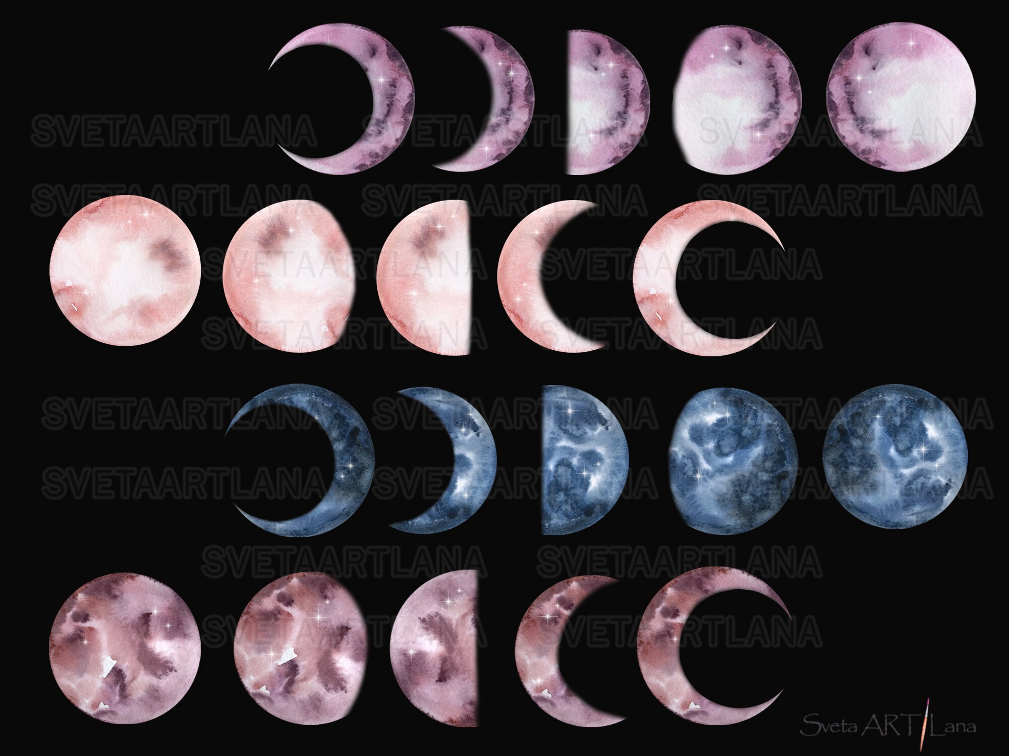 Watercolor Moon Phases Clipart. Lunare Graphic Set - Etsy