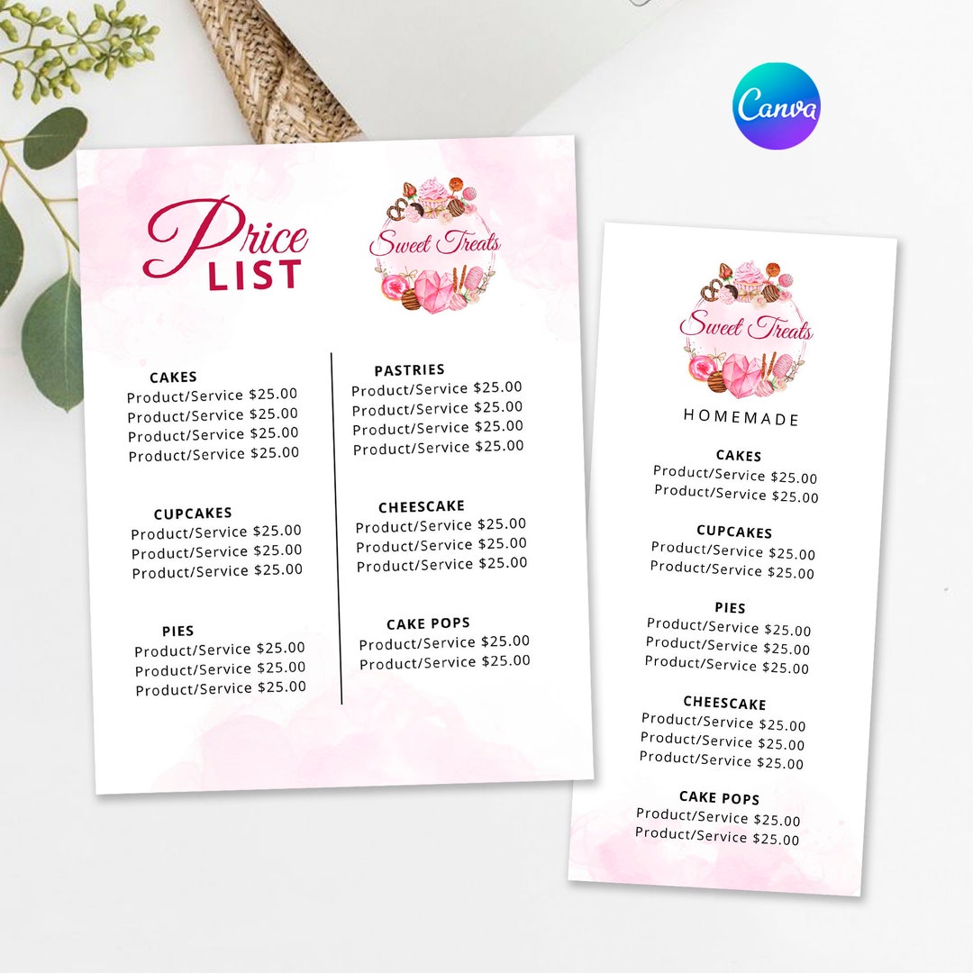 Bakery Price List Templates | 2 SIZES Editable Pricing Guide | Bakery ...