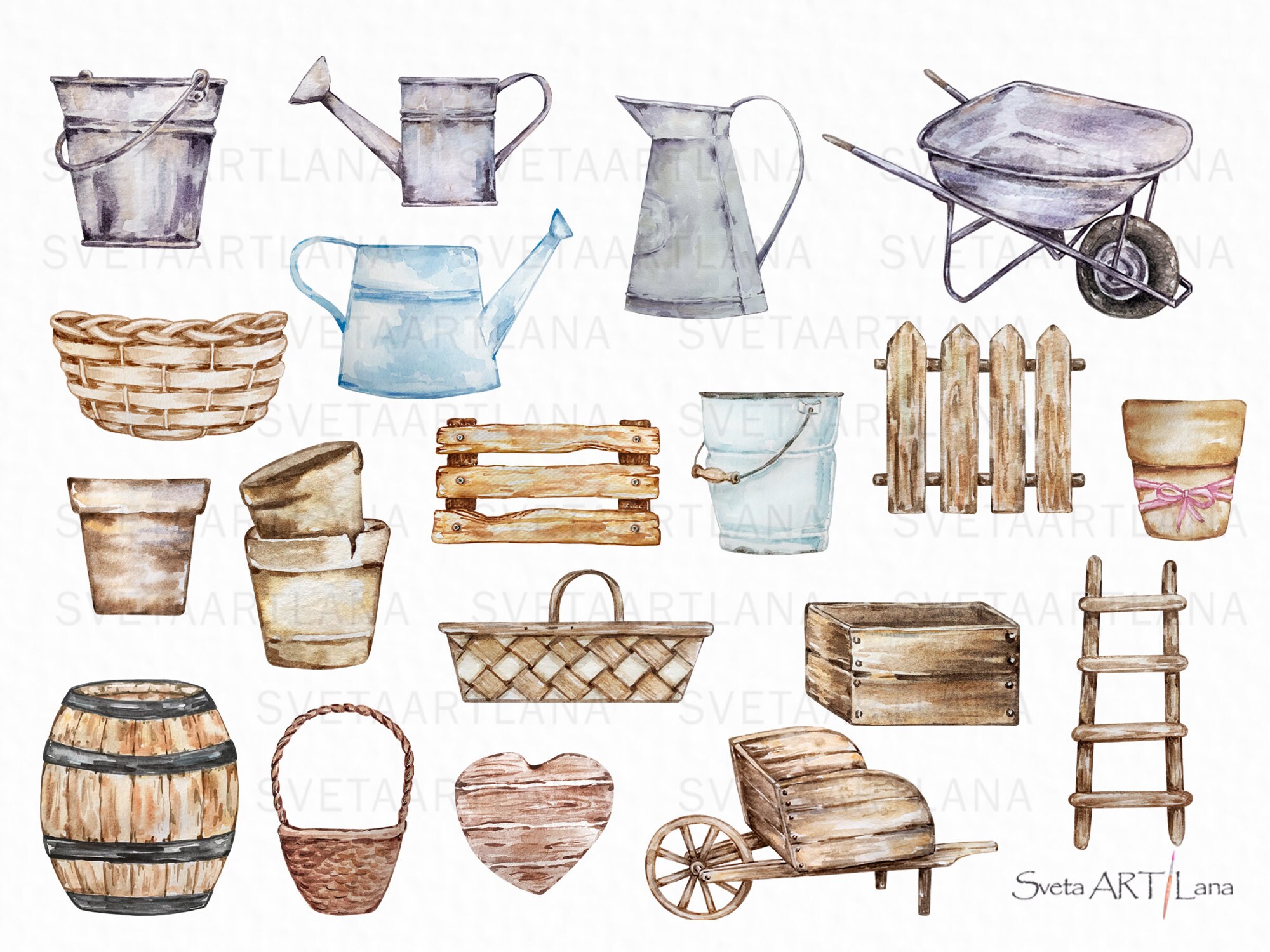 Watercolor Garden Tools Clipart | Wooden Boxes | Grey Old Buckets ...
