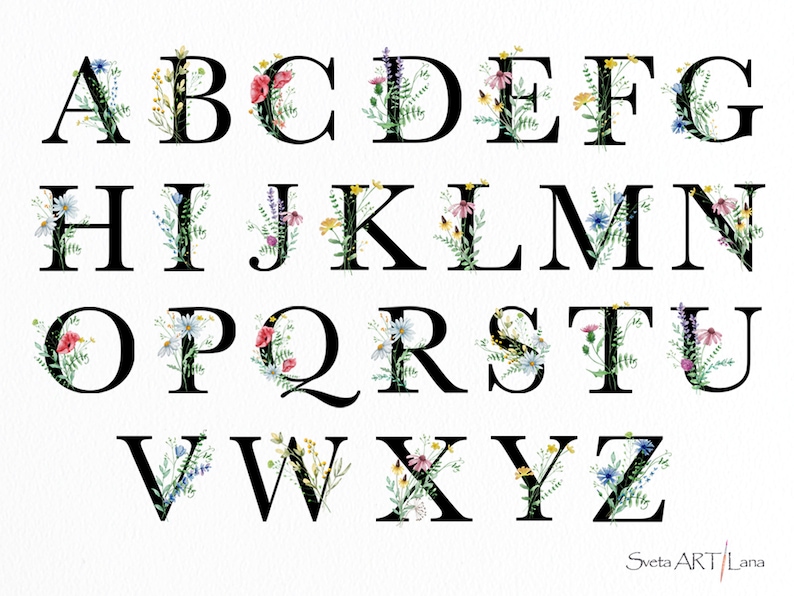 Wildflowers Alphabet Boho Letters Watercolor Summer Floral - Etsy