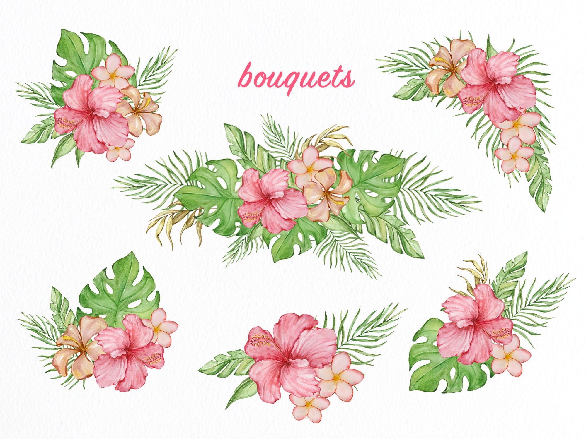 Watercolor Summer Time Clipart Tropical Flowers Bouquets - Etsy