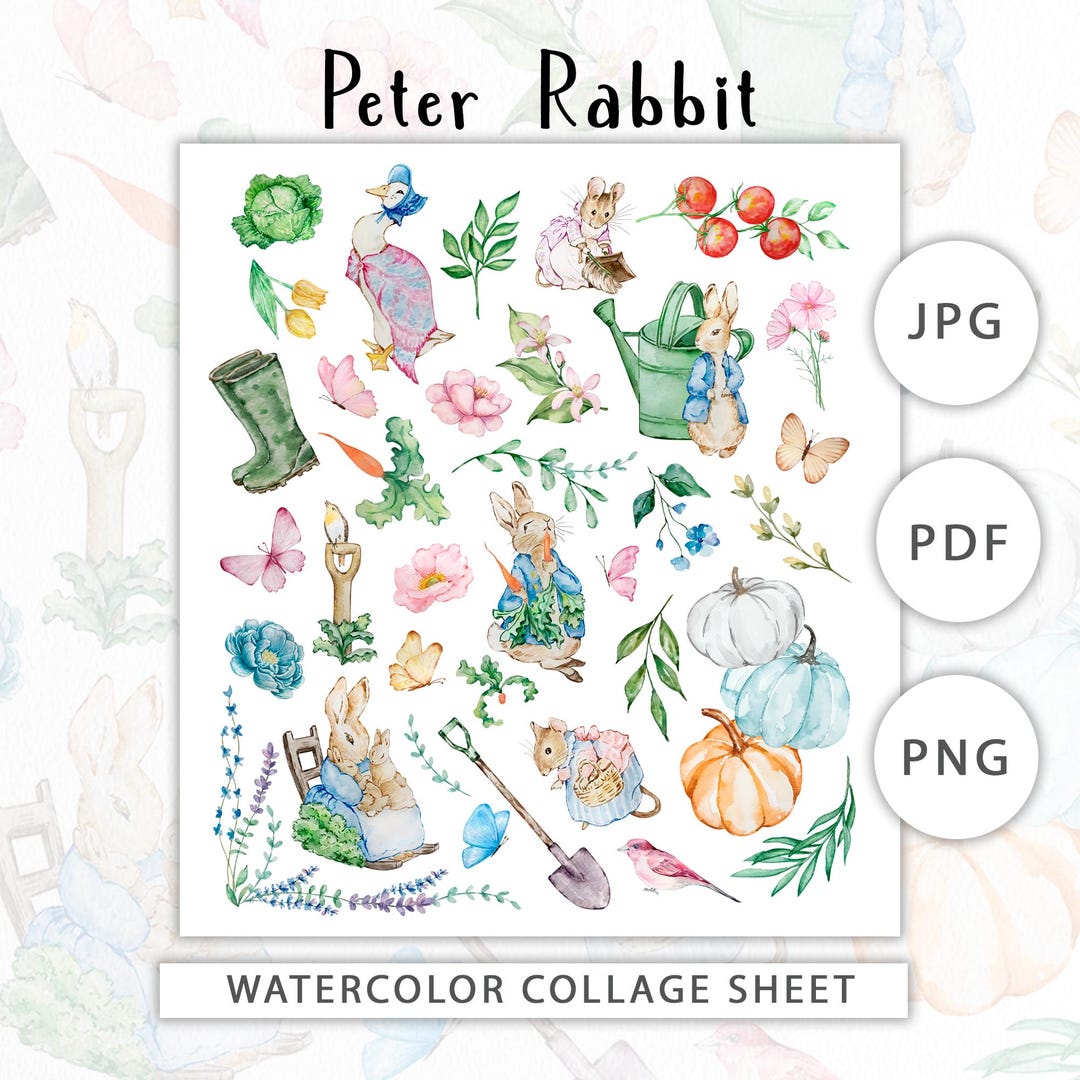 Peter Rabbit Garden Collage Sheet | Watercolor Animal | Beatrix Potter ...