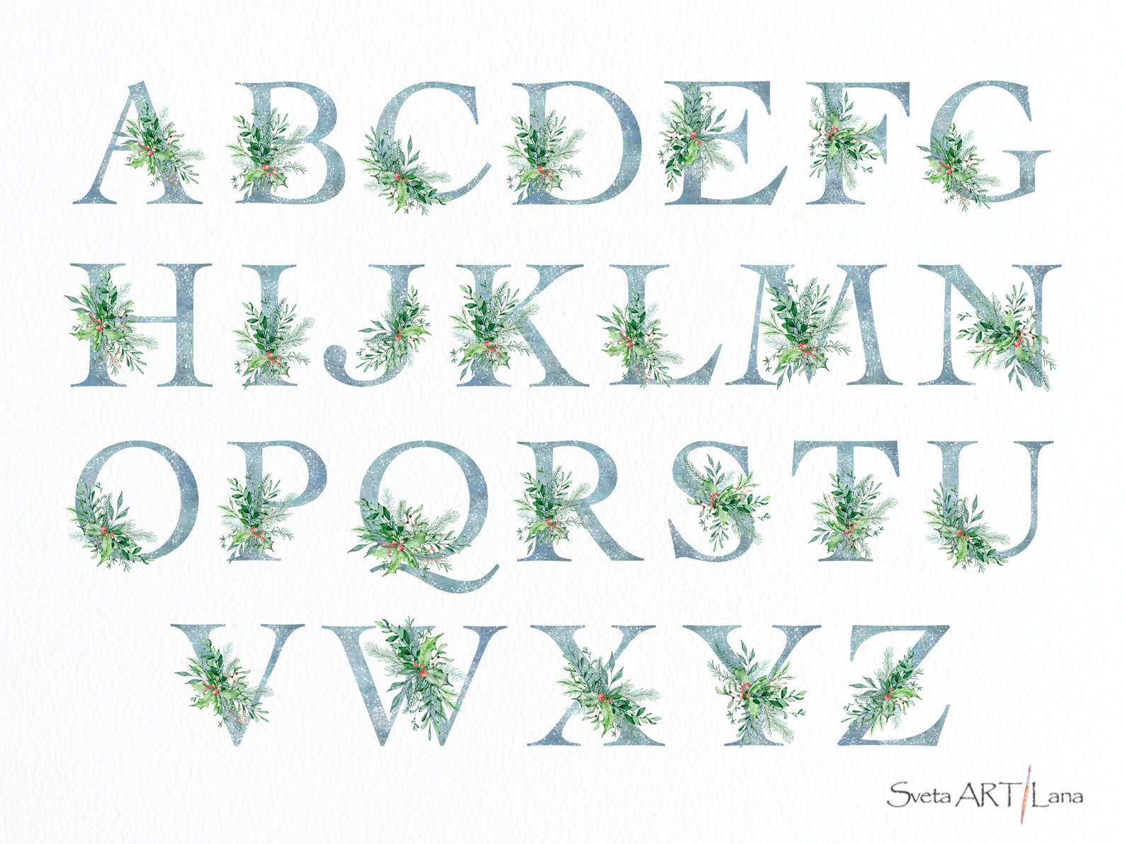 Watercolor Winter Floral Alphabet Clipart Winter Greenery - Etsy
