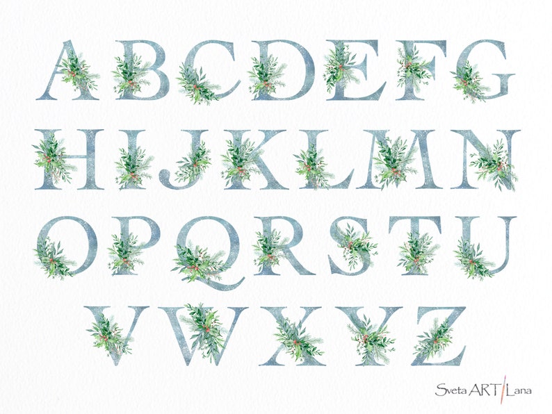 Watercolor Winter Floral Alphabet Clipart Winter Greenery - Etsy