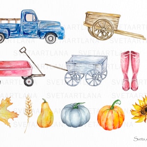 Watercolor Harvest Truck Pumpkins Clipart | Wooden Cart | Autumn ...