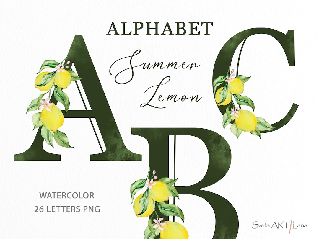Lemon Alphabet Clipart | Watercolor Summer Lemon Alphabet PNG | Citrus ...