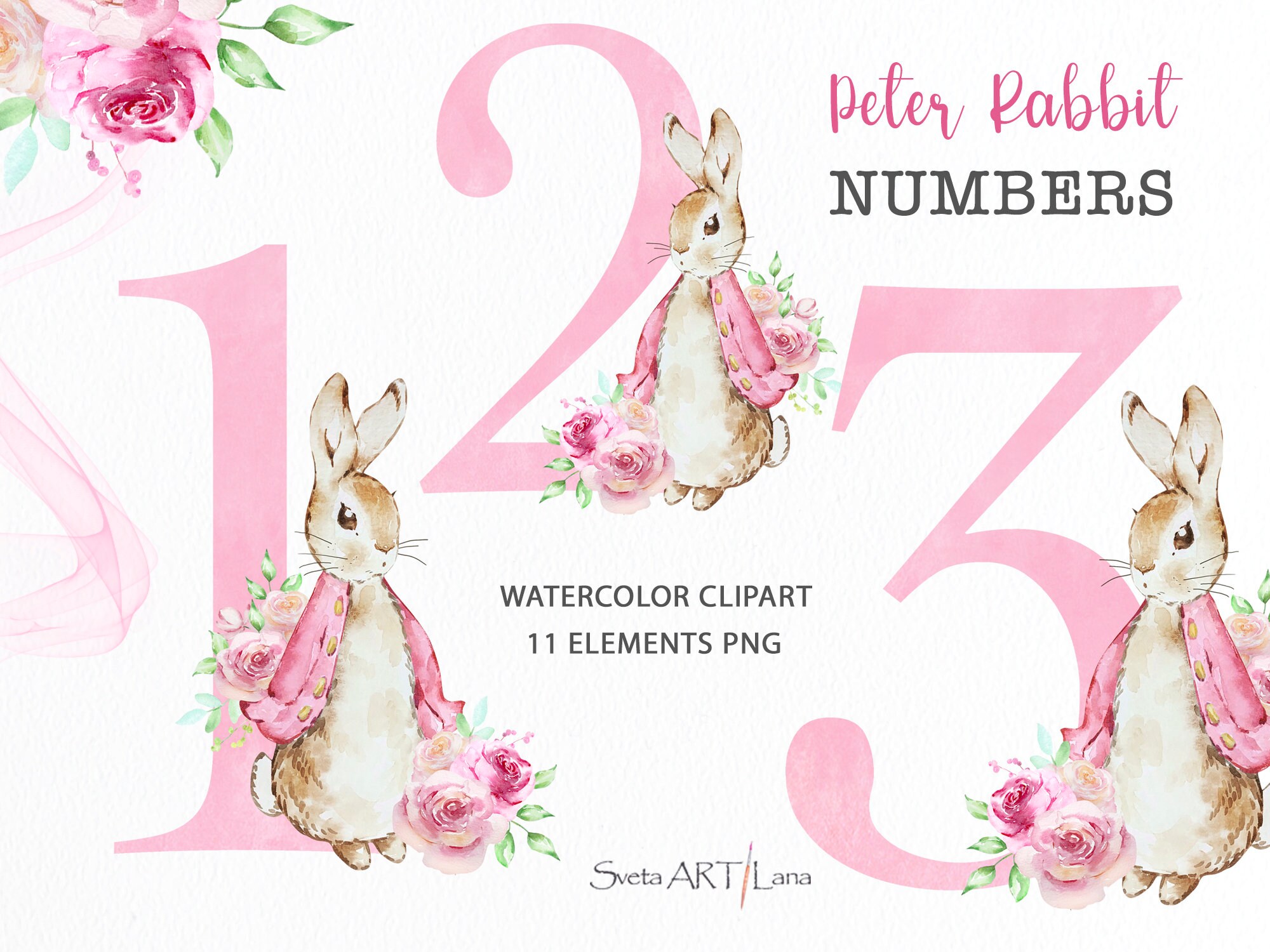 Flopsy Rabbit Pink Floral Numbers PNG | Watercolor Peter Rabbit ...