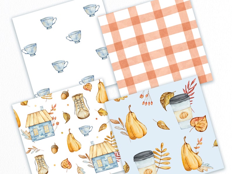Watercolor Fall Digital Papers | Cozy Autumn Leaves Plaid Pumpkins ...