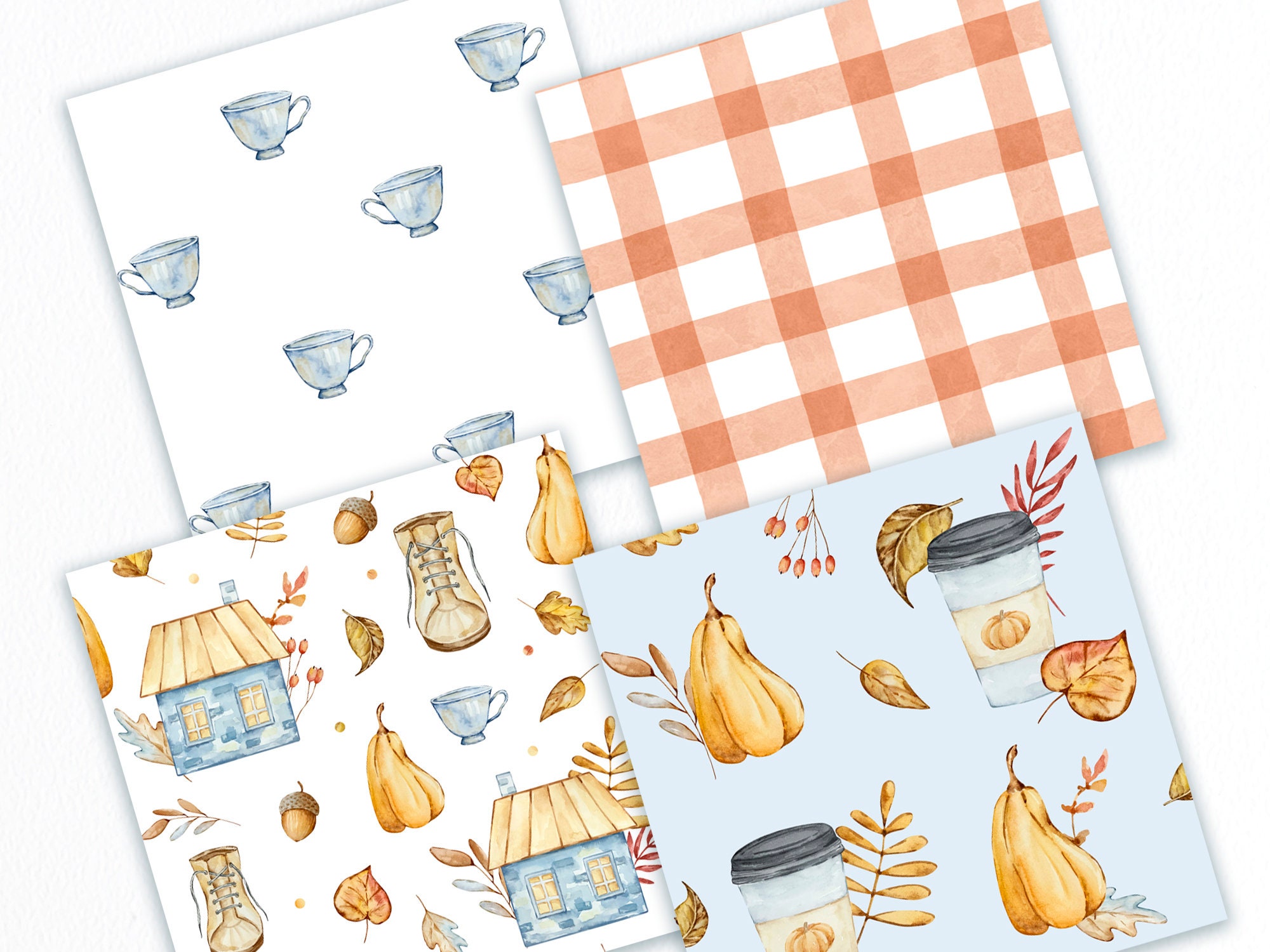 Watercolor Fall Digital Papers Cozy Autumn Leaves Plaid - Etsy