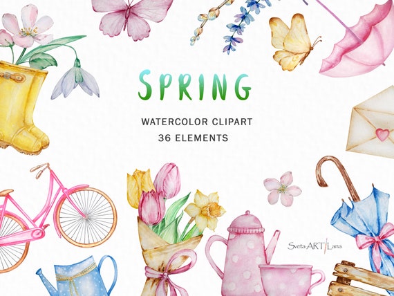 Watercolor Spring Clipart Seasonal Download Flowers | Etsy