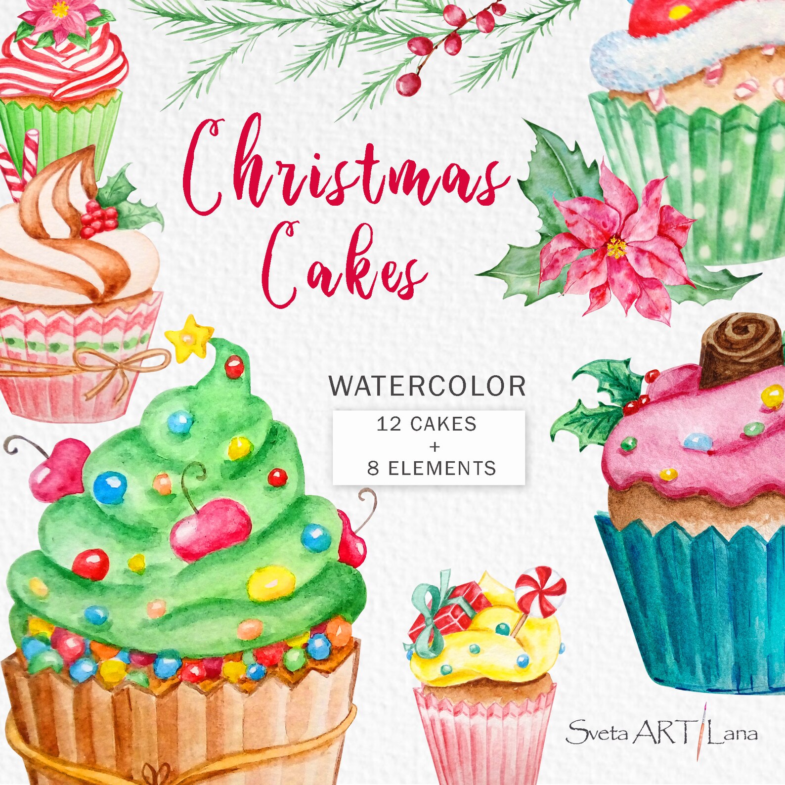Watercolor Christmas Sweet Clipart Christmas Dessert Cupcake - Etsy