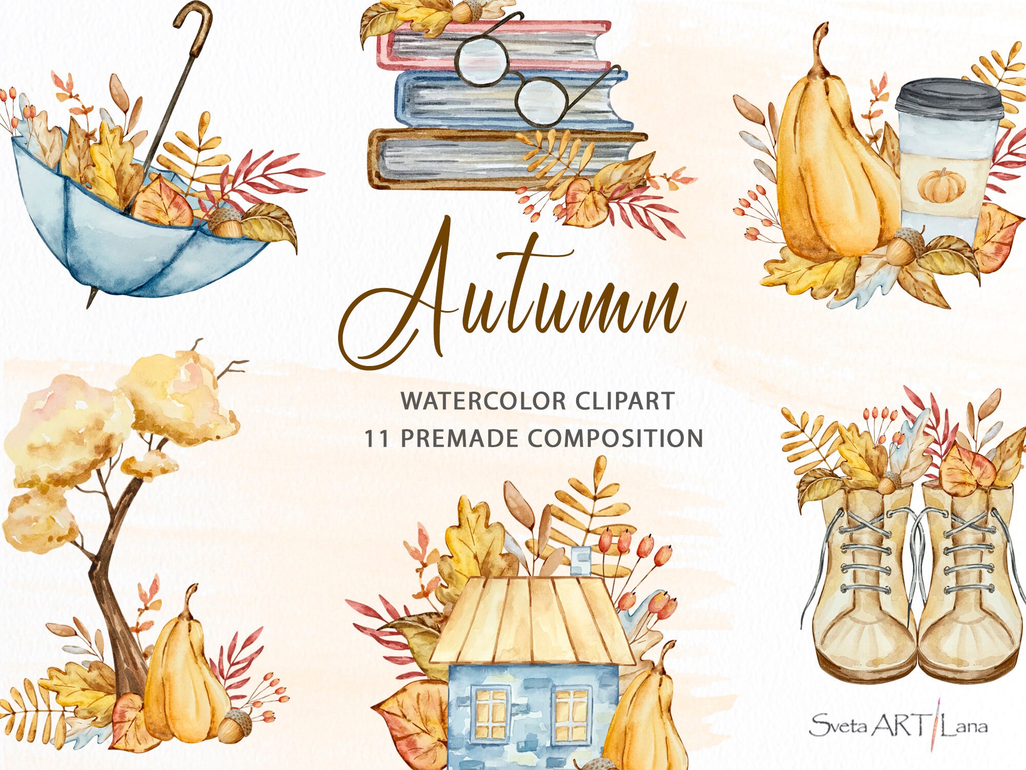 Watercolor Cozy Autumn Clipart Autumn Composition Clipart - Etsy