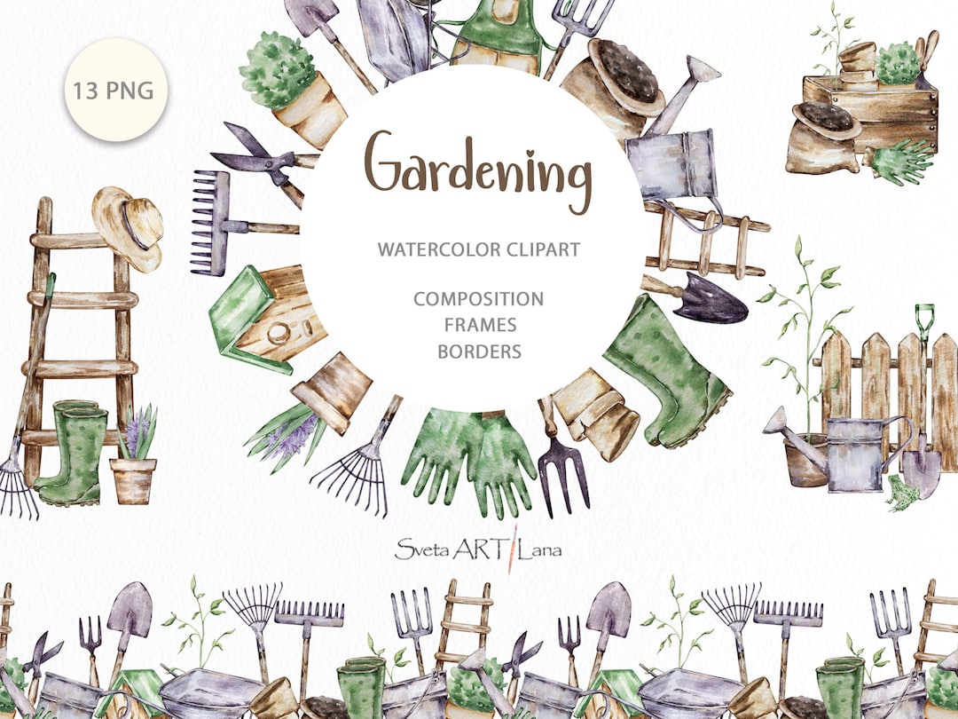 Watercolor Gardening Clipart | Farmhouse Garden Clipart | Spring Rustic ...
