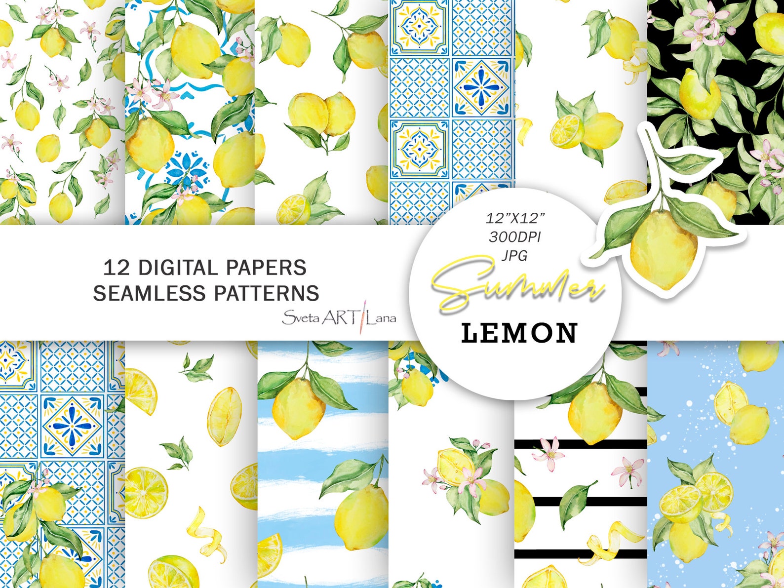 Watercolor Lemons and Italian Tile Digital Papers | Citrus Fresh ...