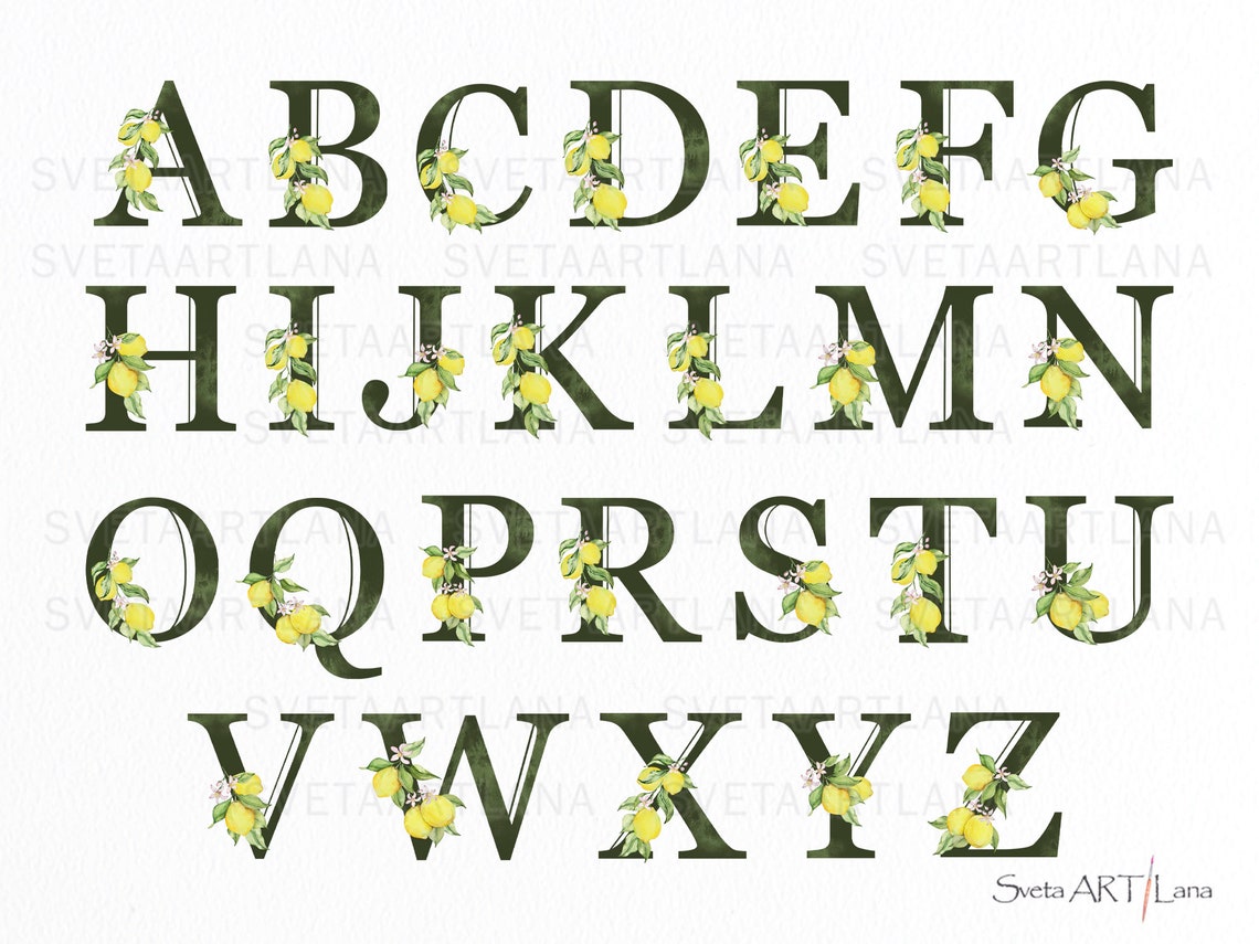 Lemon Alphabet Clipart | Watercolor Summer Lemon Alphabet PNG | Citrus ...