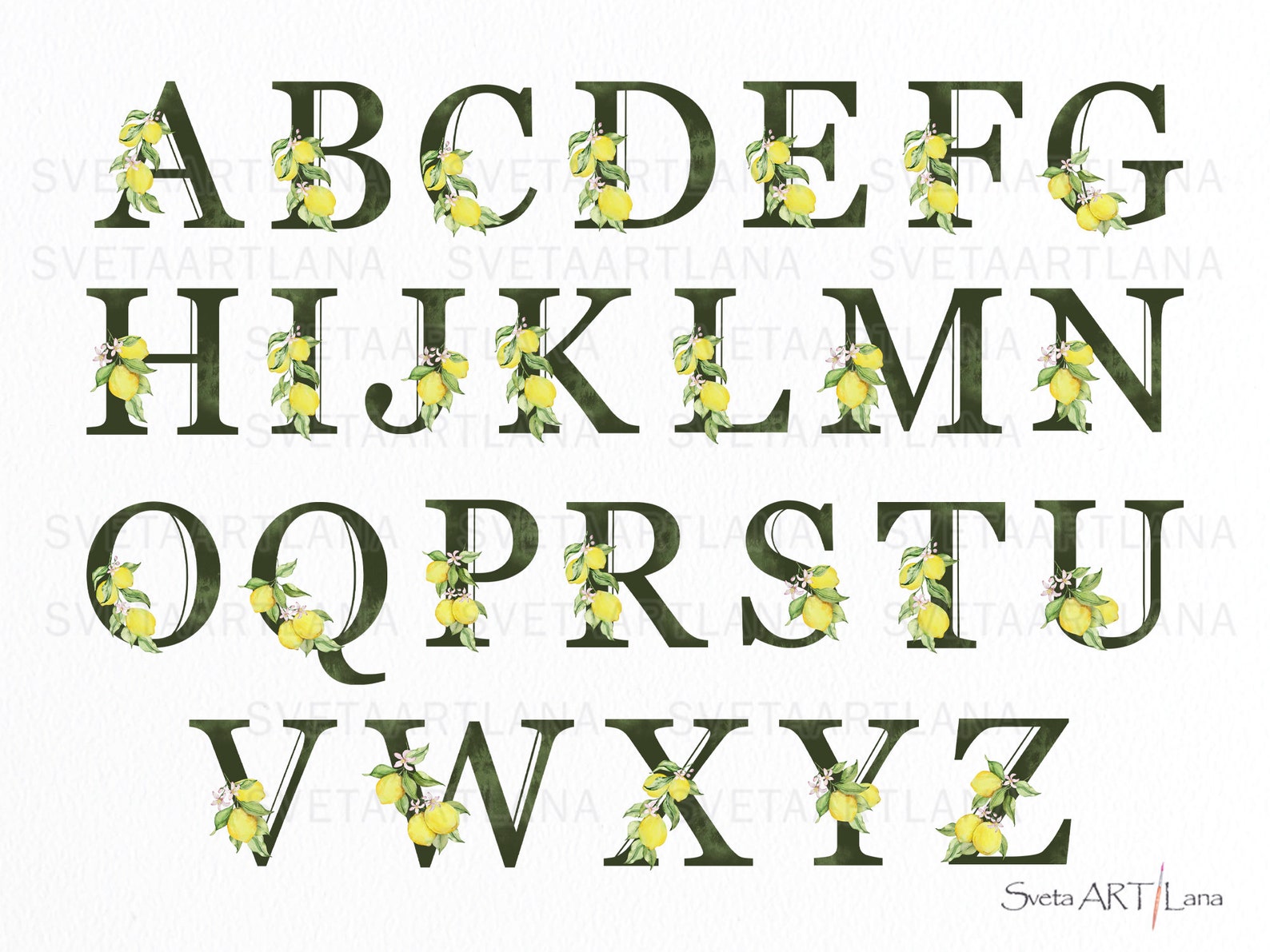 Lemon Alphabet Clipart | Watercolor Summer Lemon Alphabet PNG | Citrus ...