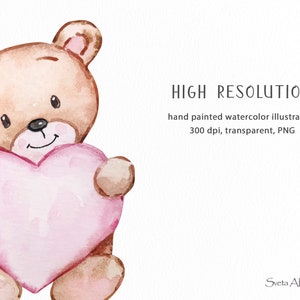 Watercolor Teddy Bear Valentines Day Clipart | Little Bears Png | Heart ...