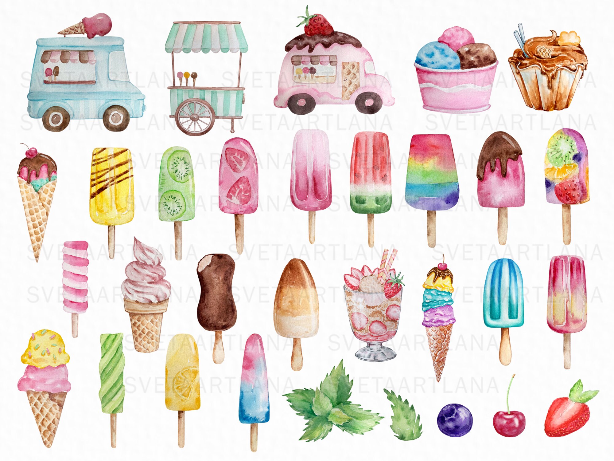 Ice Cream Clipart Watercolor Ice Cream Summer Clipart retro | Etsy