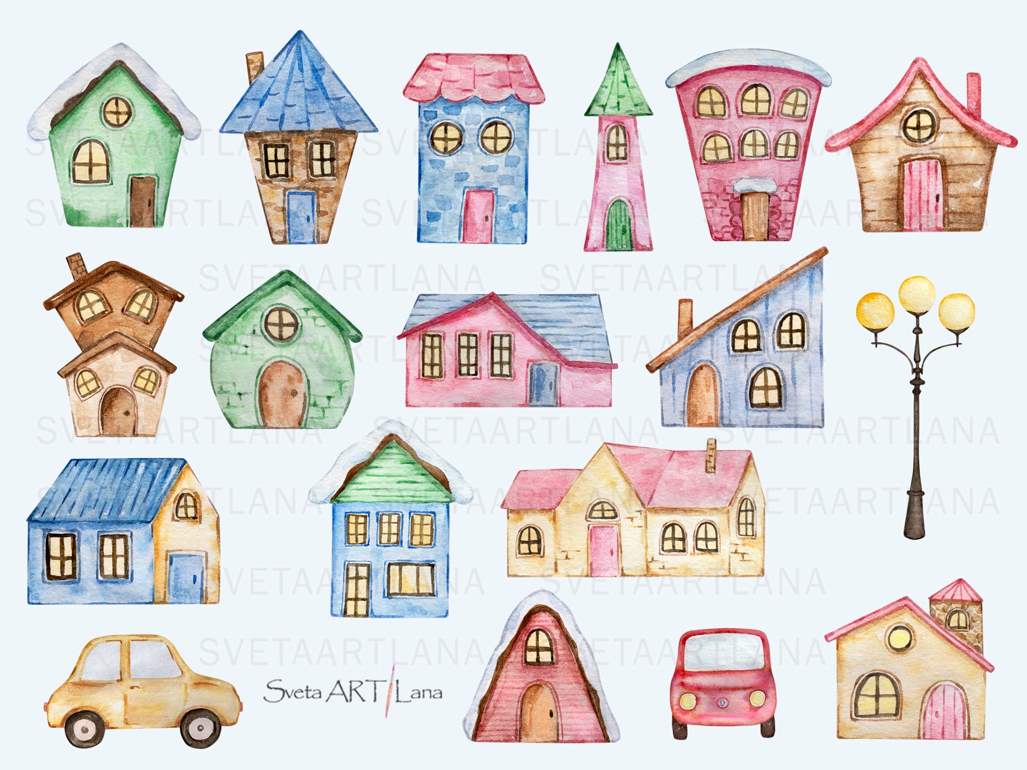 Watercolor Winter Houses Clipart Christmas Landscape Clipart - Etsy