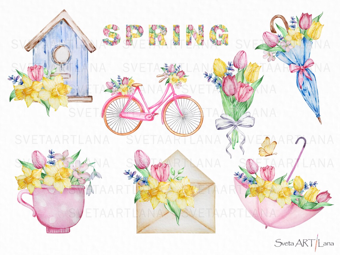 Watercolor Spring Flowers Clipart Bouquet Flowers Watering - Etsy