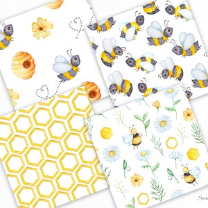 Watercolor Honey Bee Digital Paper Bumble Bee Seamless Pattern ...