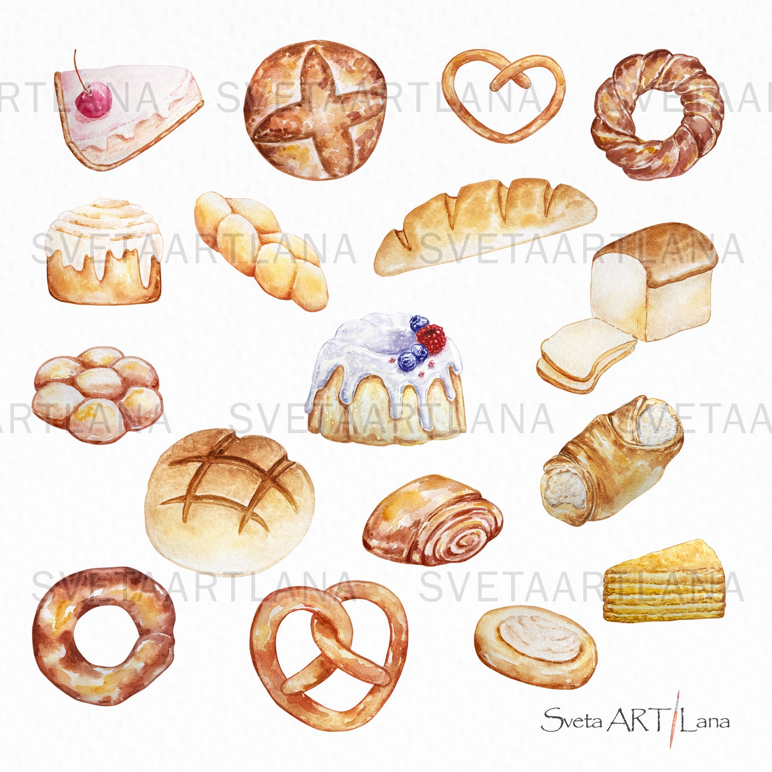 Bread Watercolor Clipart Baking Clip Art Bakery Products - Etsy