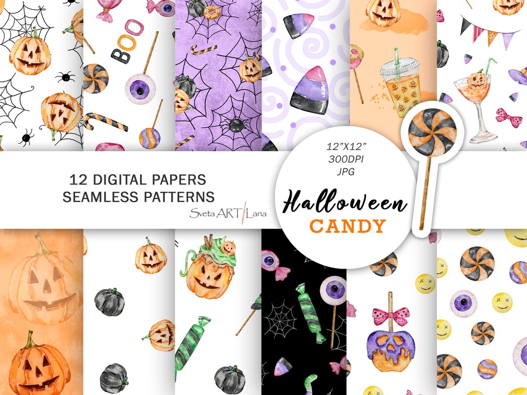 Halloween Candy Digital Paper Set | Watercolor Spooky Halloween ...