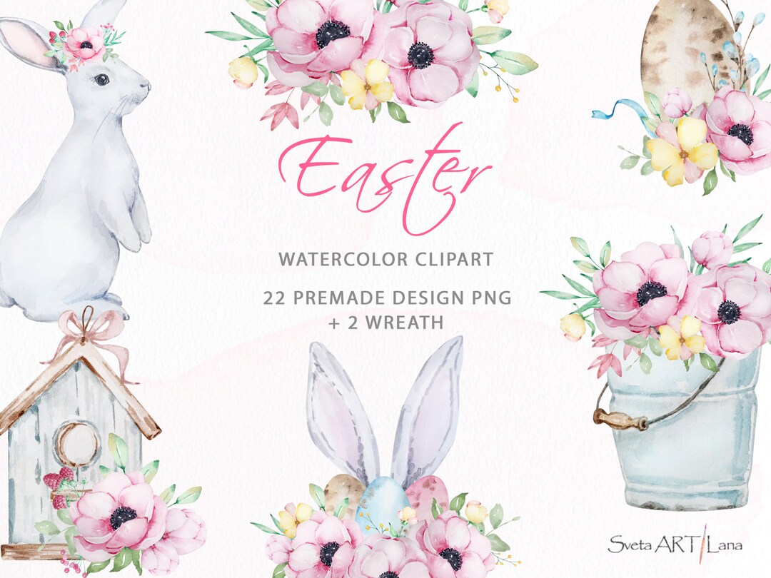 Easter Watercolor Clipart Bunny Composition Pink Flower Bouquets Spring ...
