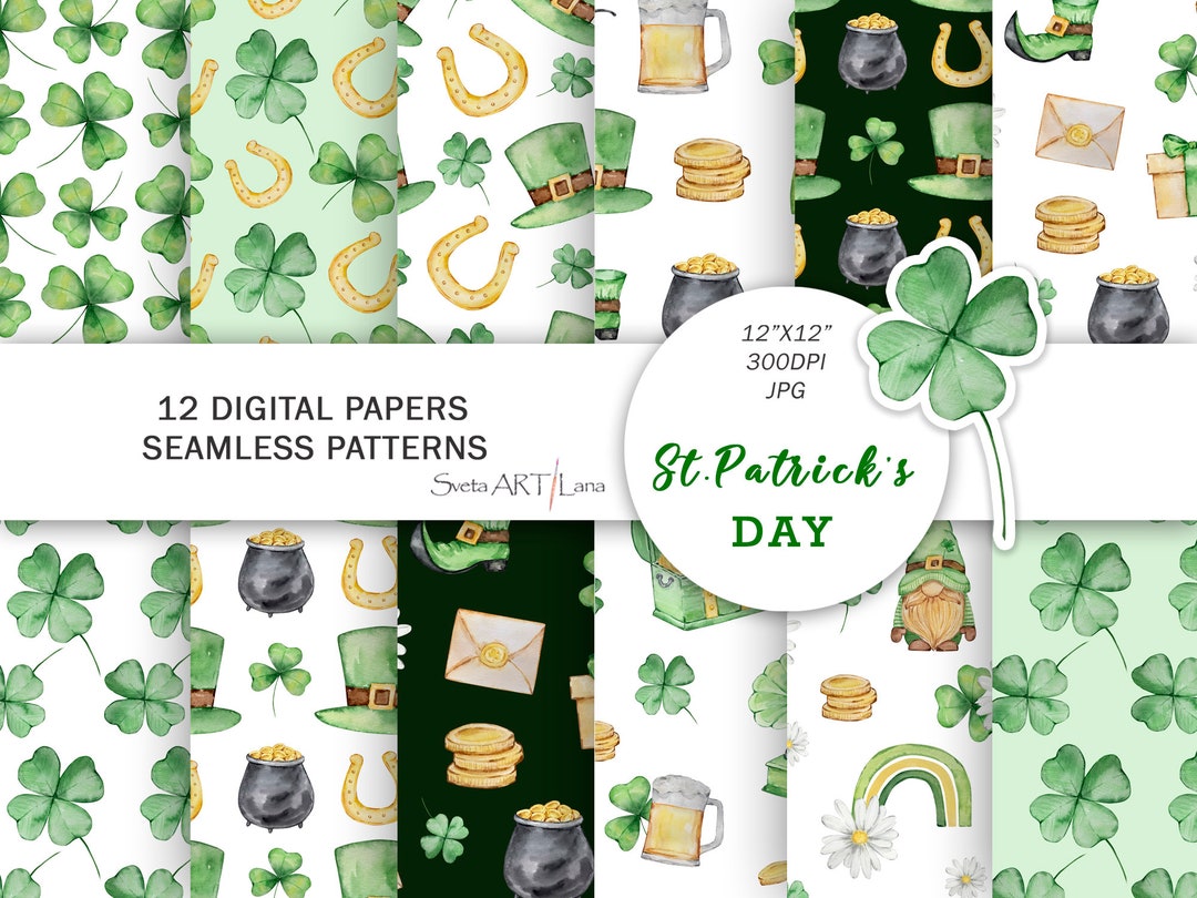 St Patricks Day Digital Papers | Watercolor Green Gnome Seamless ...