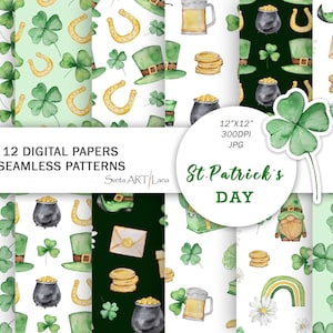 St Patricks Day Digital Papers | Watercolor Green Gnome Seamless ...