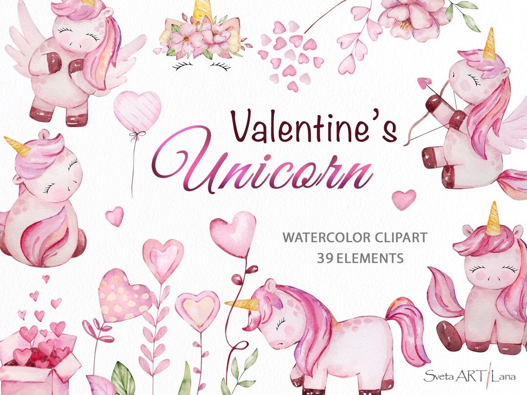 Watercolor Valentines Unicorn Clipart, Valentines Day, Cute Unicorn ...