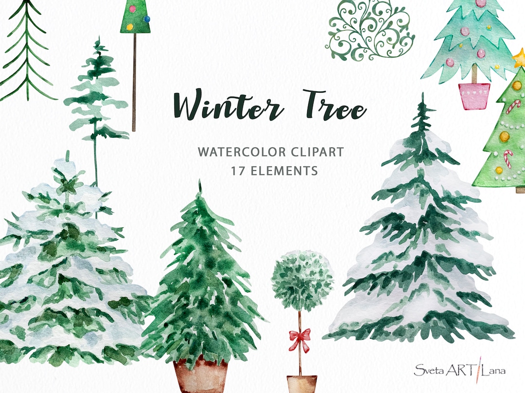 Watercolor Christmas Tree Clipart | Snow Covered Trees | Happy Holiday ...